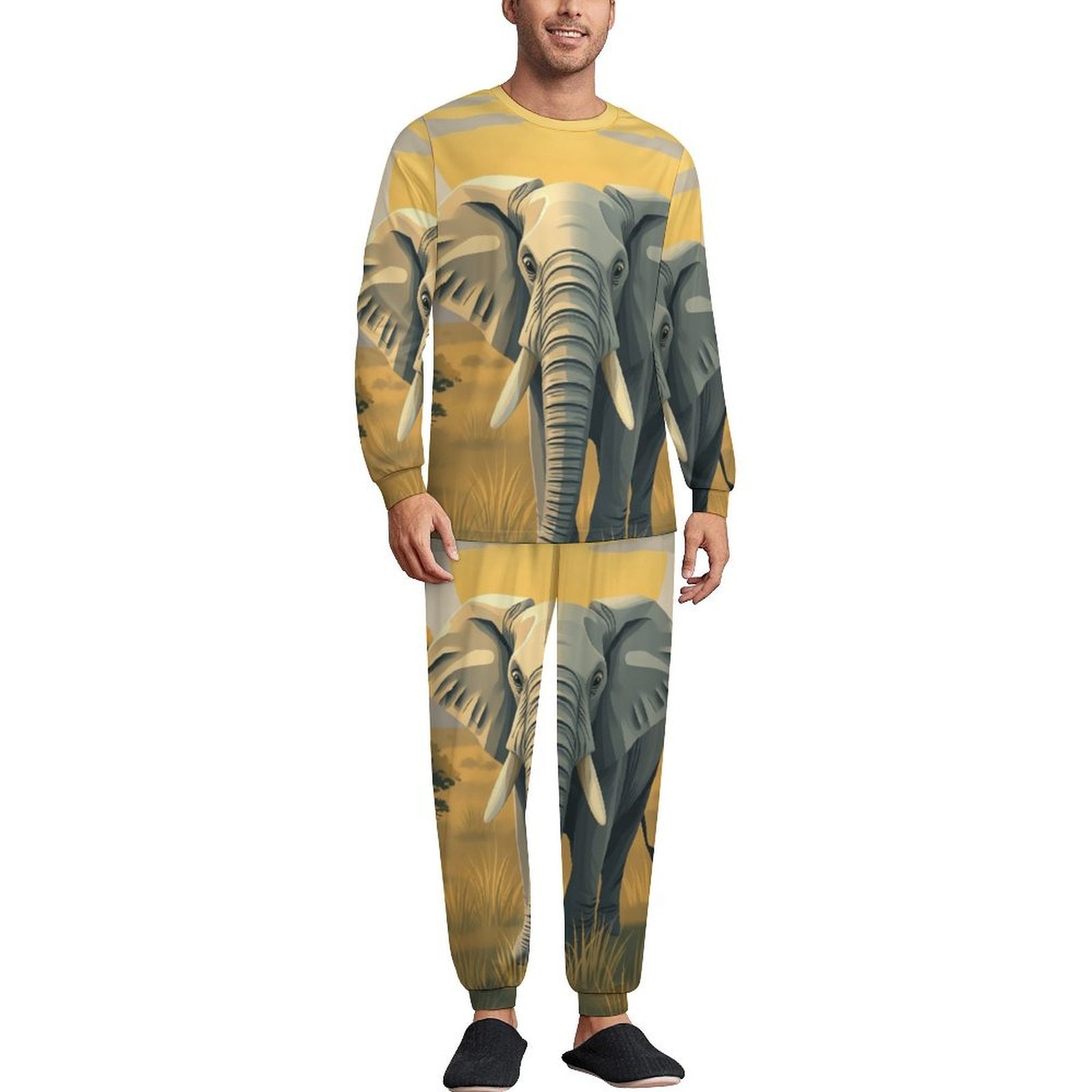 African Elephant Sunset Savanna Pajamas Man Warm Sleepwear Autumn Long ...