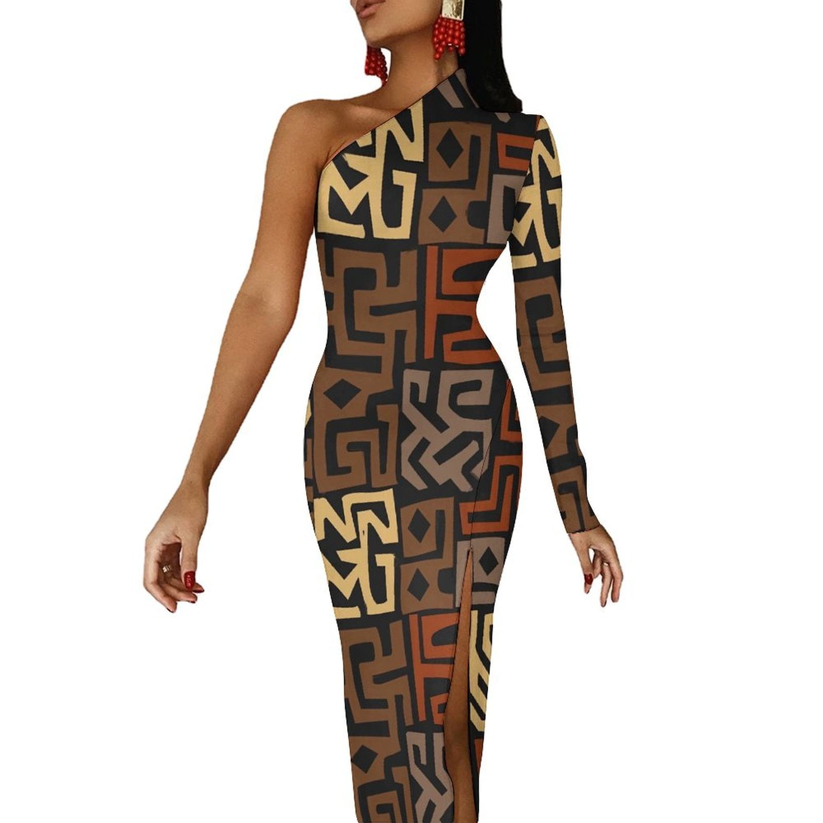 African Ethnic Print Bodycon Dress Autumn Kente Ghana Cute High Slit Long Dresses Long Sleeve ...