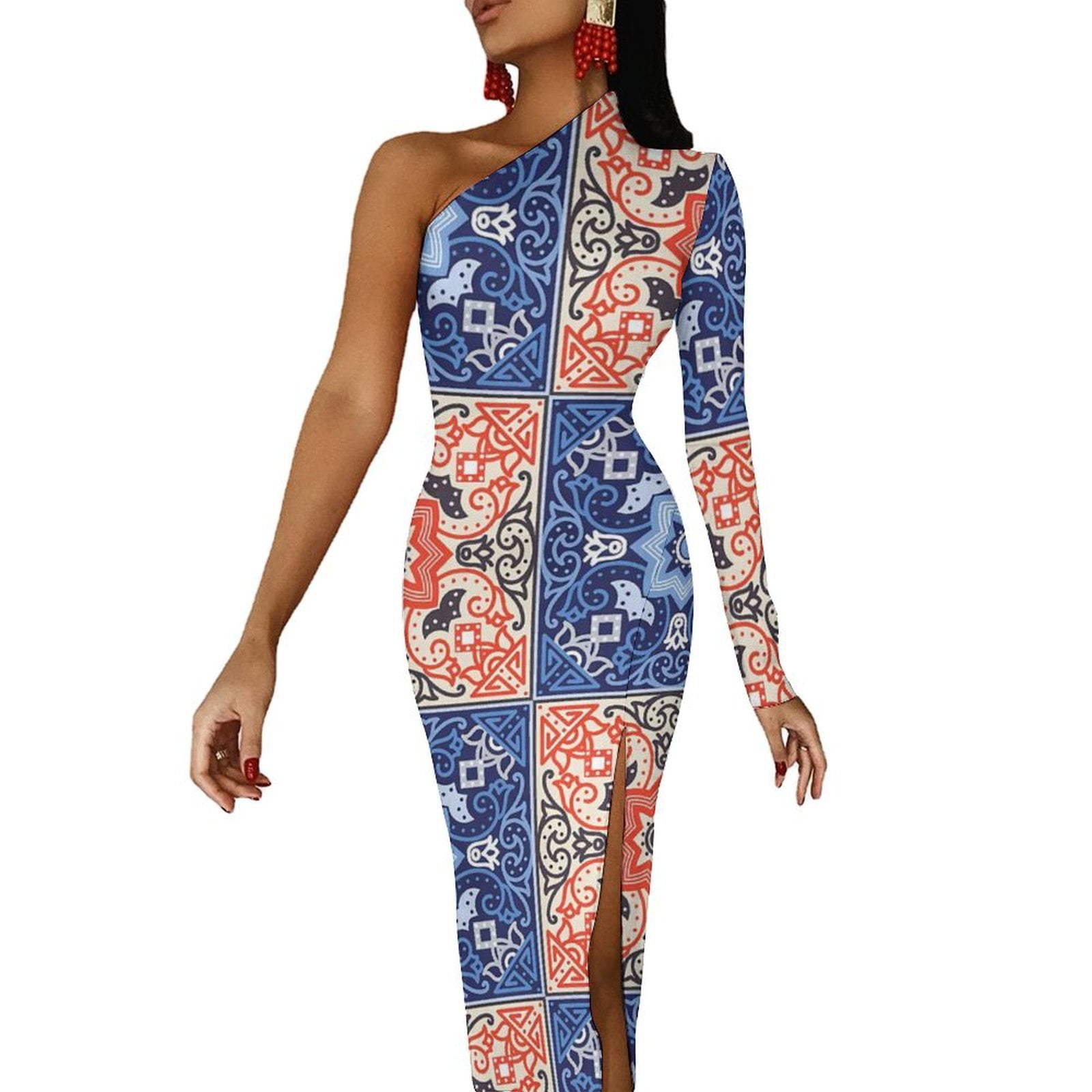 African Ethnic Print Bodycon Dress Autumn Kente Ghana Cute High Slit Long Dresses Long Sleeve ...