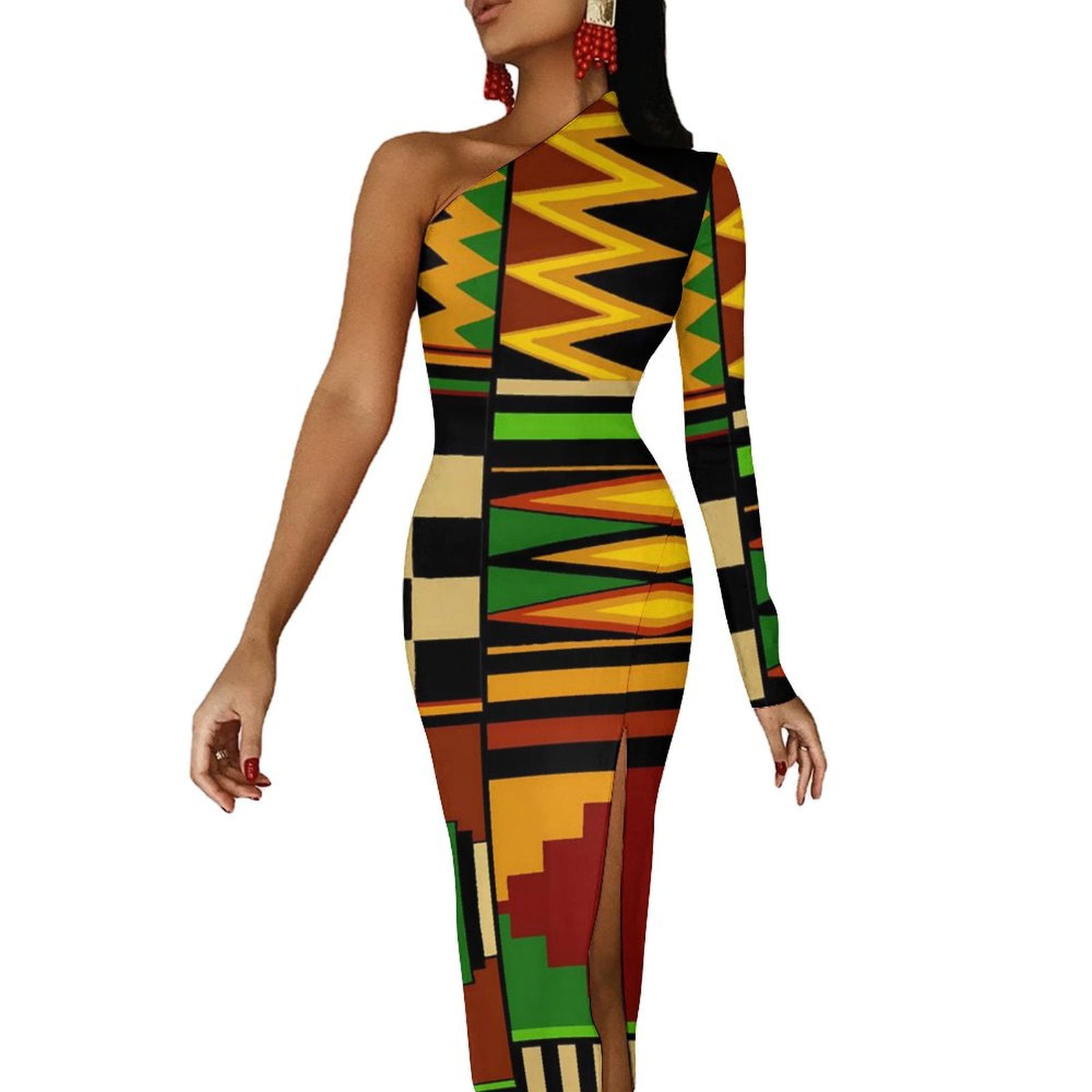 African Ethnic Print Bodycon Dress Autumn Kente Ghana Cute High Slit ...