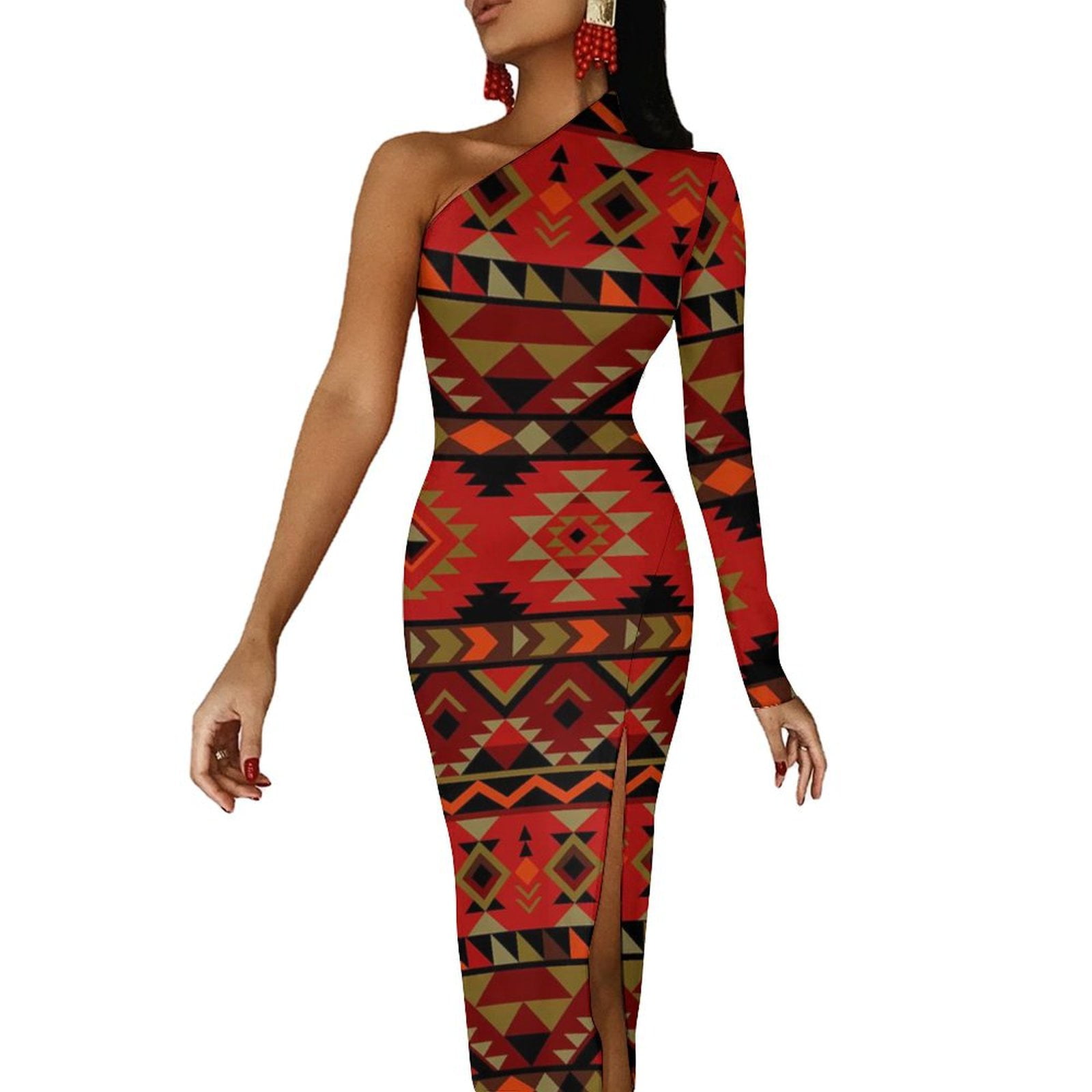 African Ethnic Print Bodycon Dress Autumn Kente Ghana Cute High Slit Long Dresses Long Sleeve ...