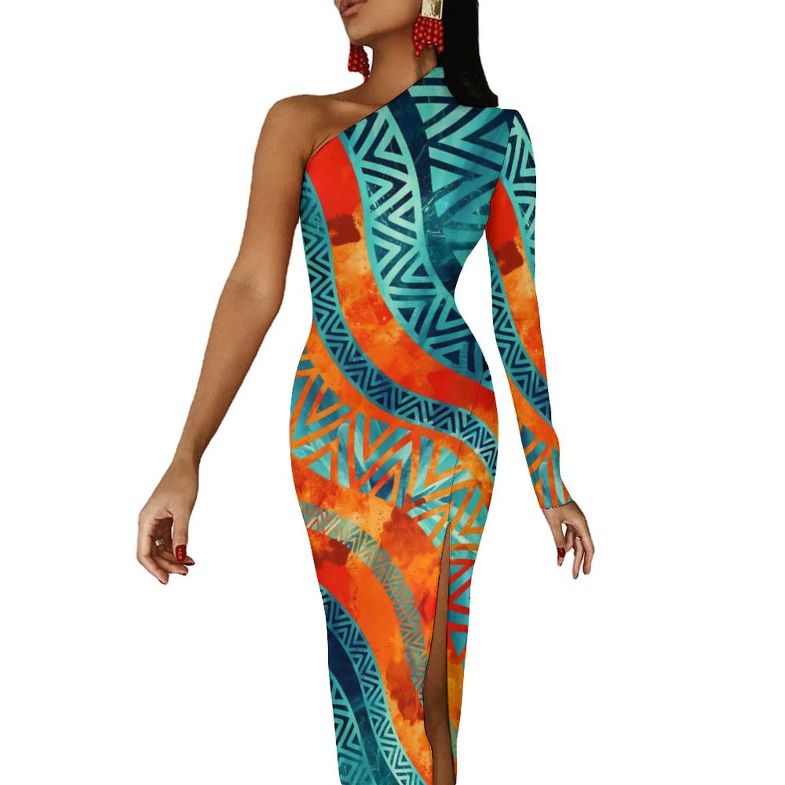 African Ethnic Print Bodycon Dress Autumn Kente Ghana Cute High Slit Long Dresses Long Sleeve ...