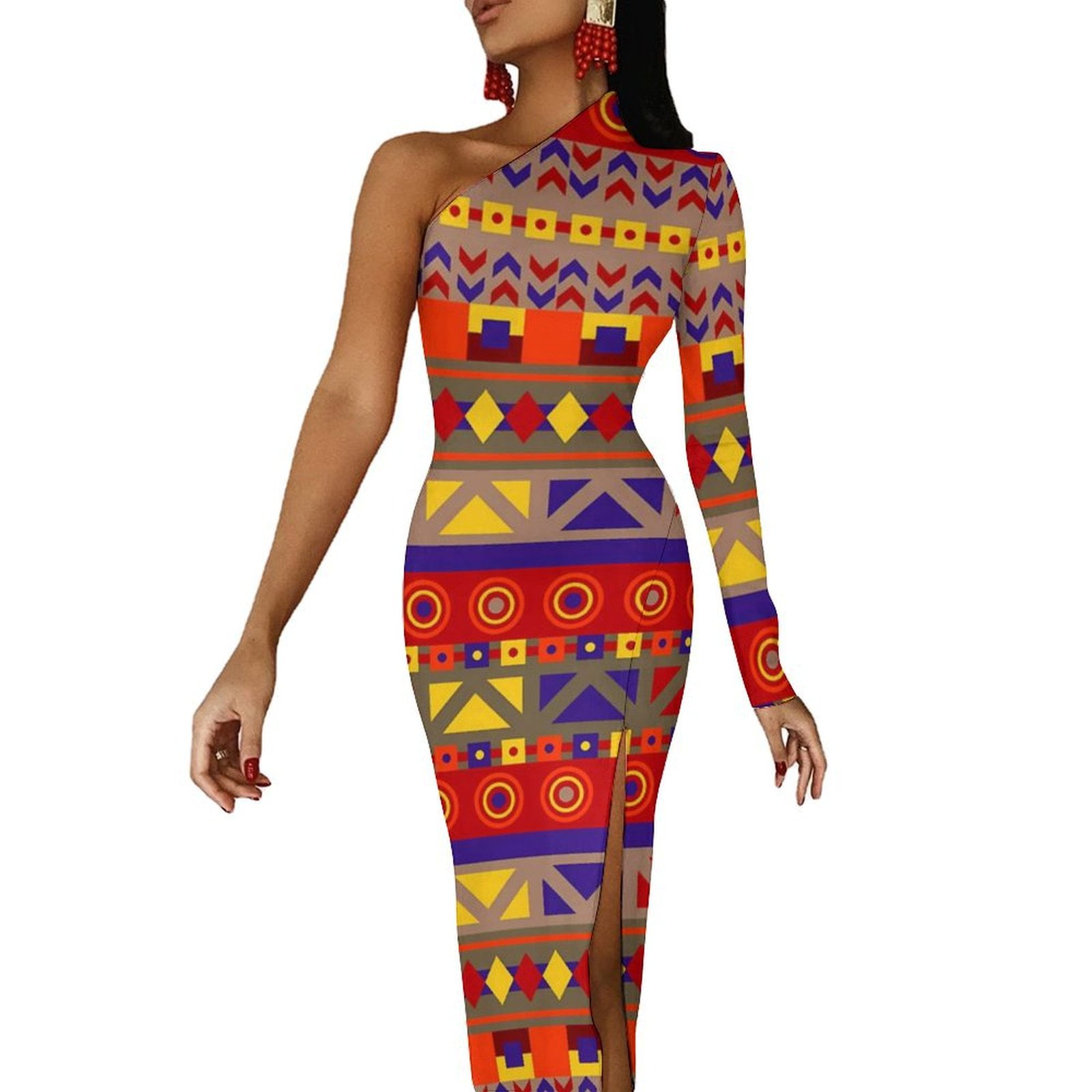 African Ethnic Print Bodycon Dress Autumn Kente Ghana Cute High Slit Long Dresses Long Sleeve ...