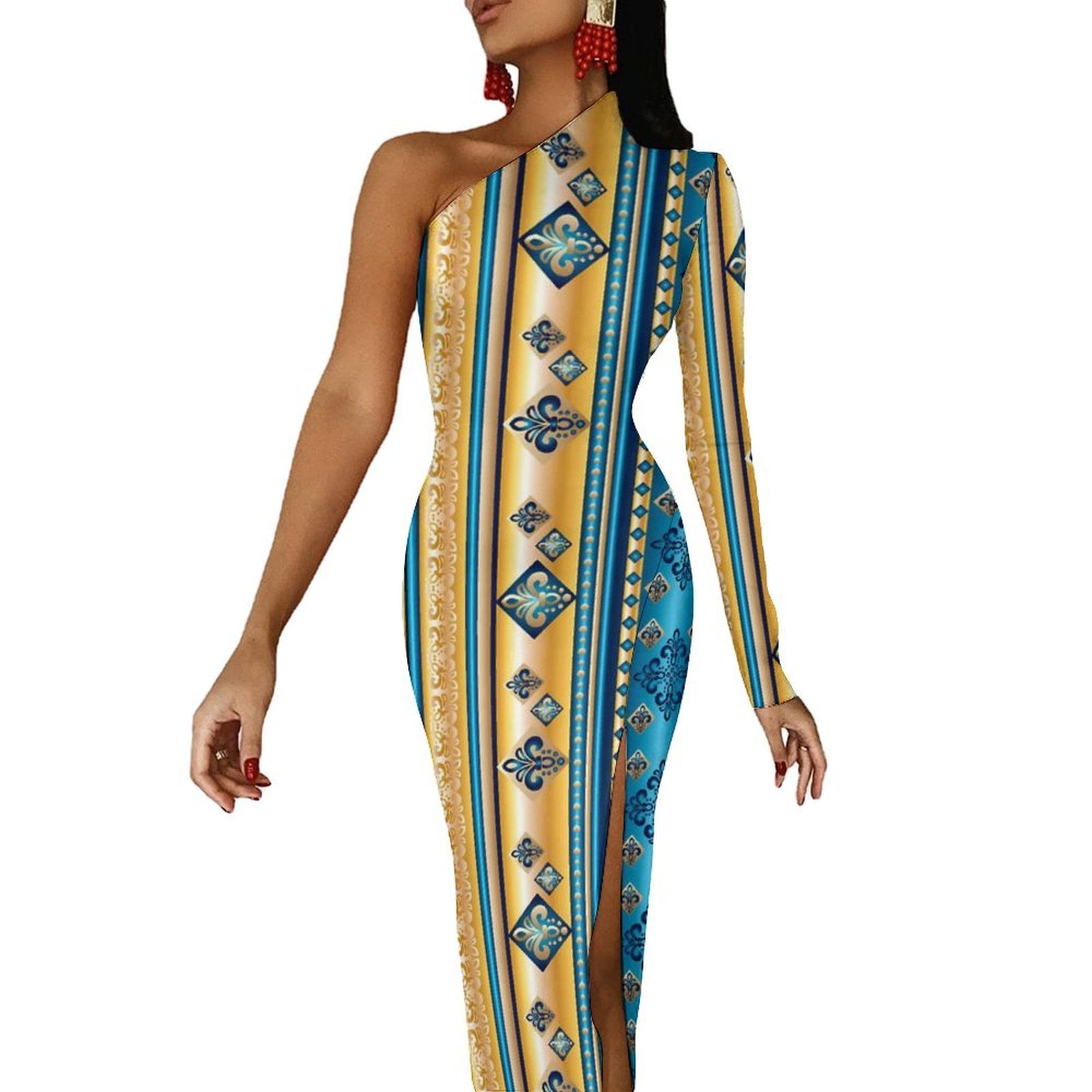 African Ethnic Print Bodycon Dress Autumn Kente Ghana Cute High Slit Long Dresses Long Sleeve ...