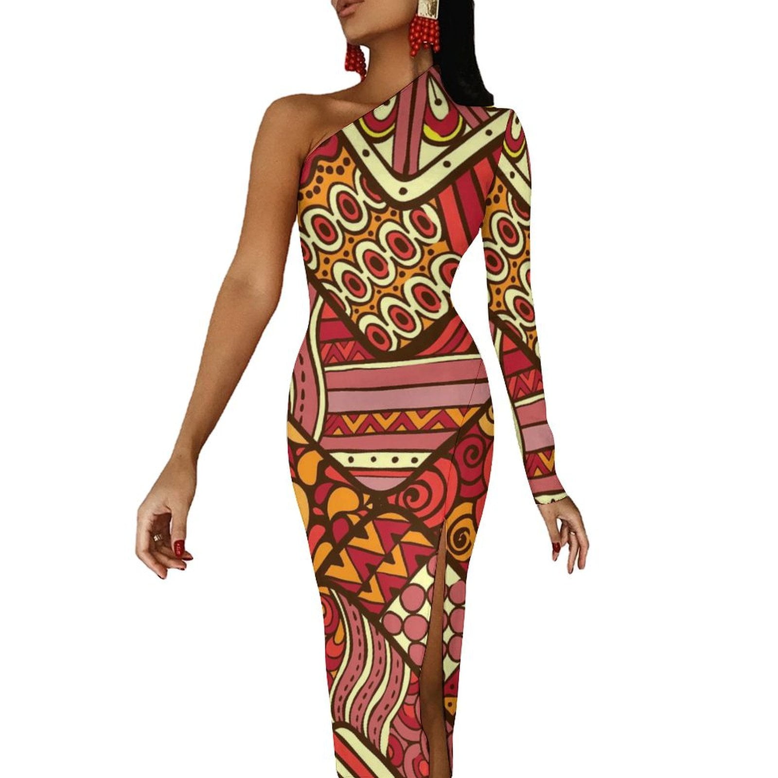 African Ethnic Print Bodycon Dress Autumn Kente Ghana Cute High Slit Long Dresses Long Sleeve ...
