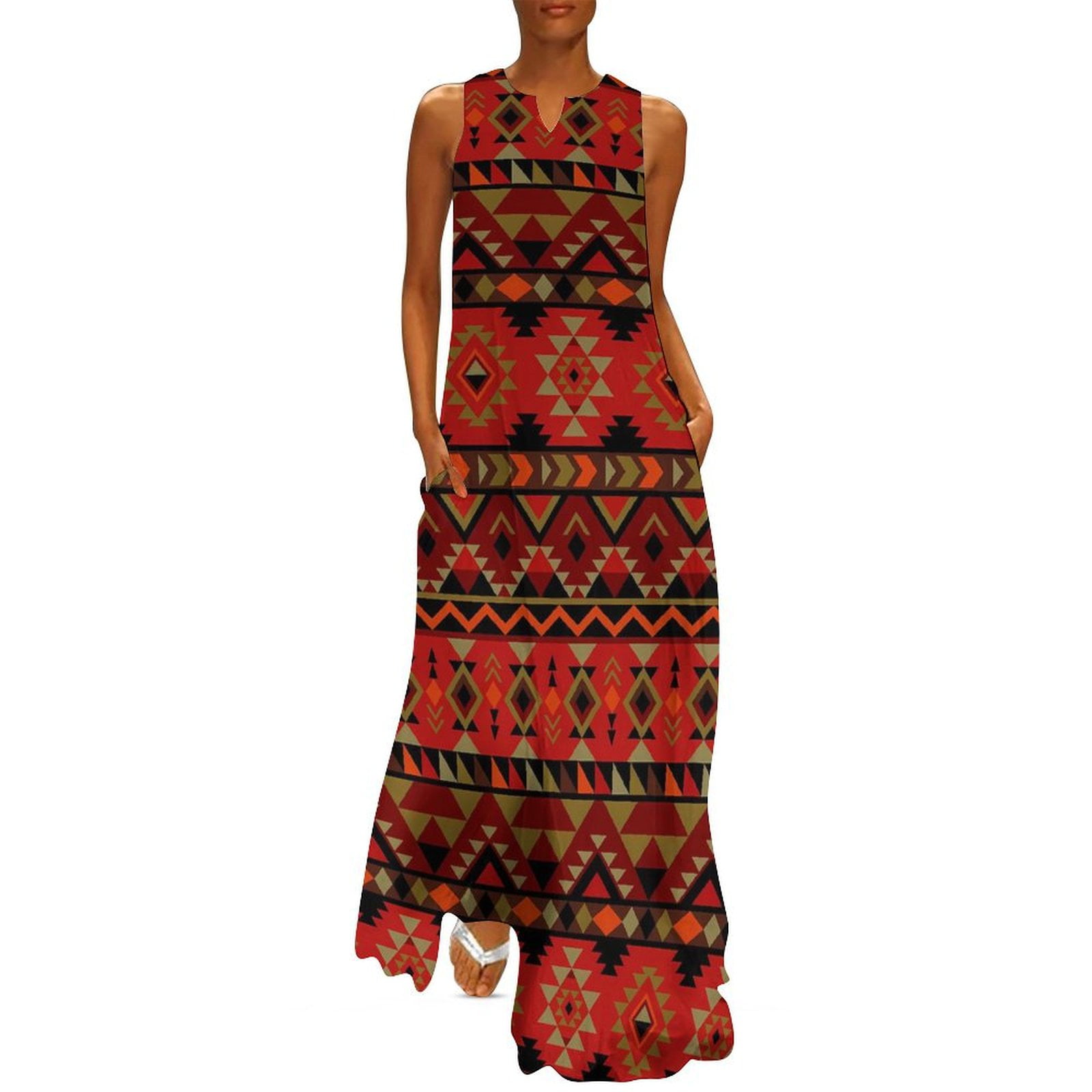 African Ethnic Print Dress Abstract Art Vintage Maxi Dress V Neck ...