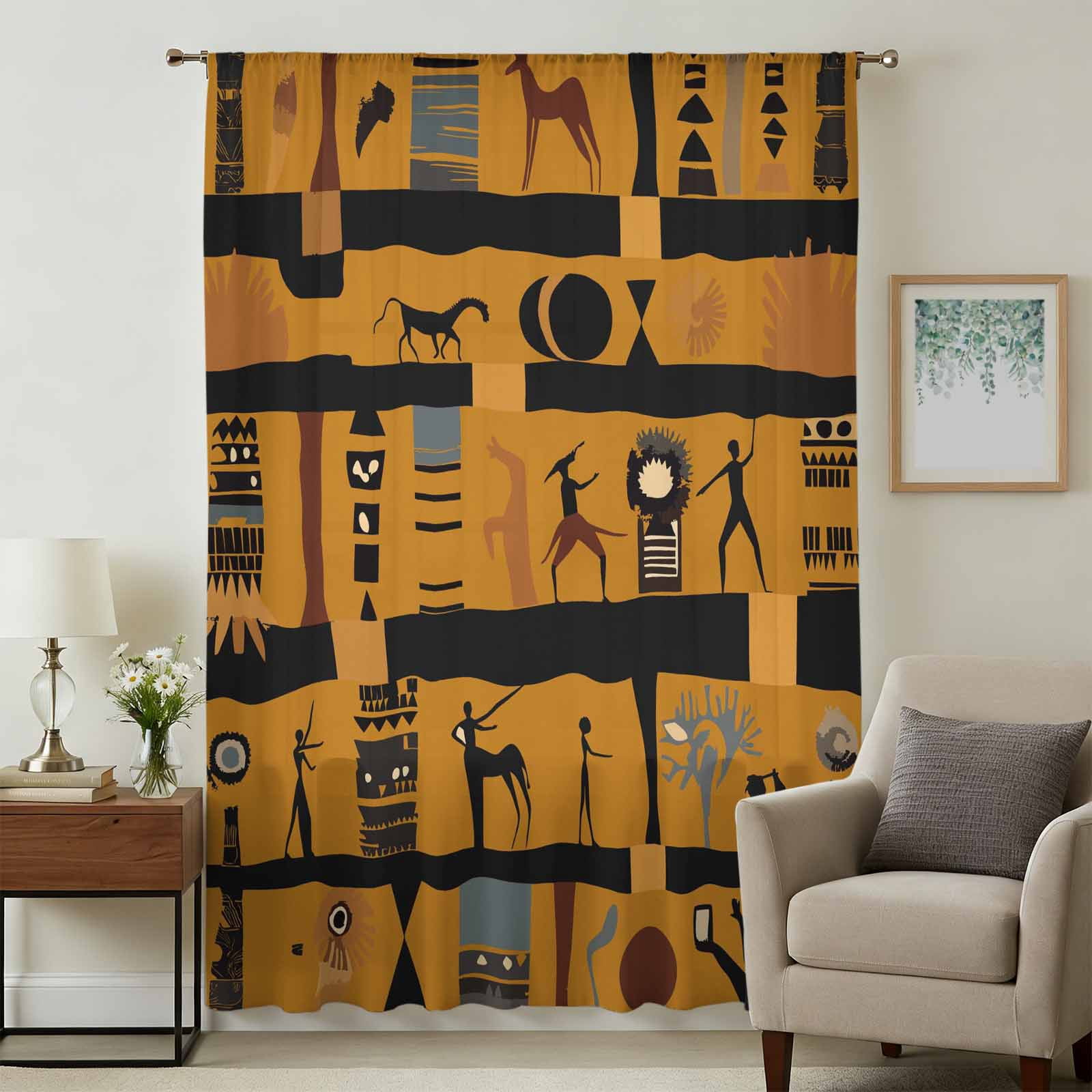 African Ethnic Sheer Curtains 84 Inches Long, Vintage Ethnic Tribes ...