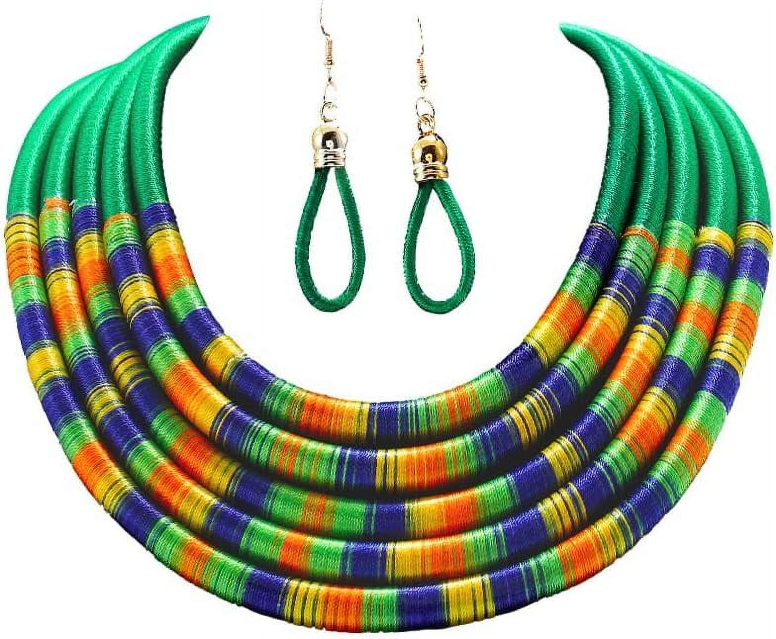 African Fine Necklace Earrings Set Multilayer Woven Rope Choker Layered ...