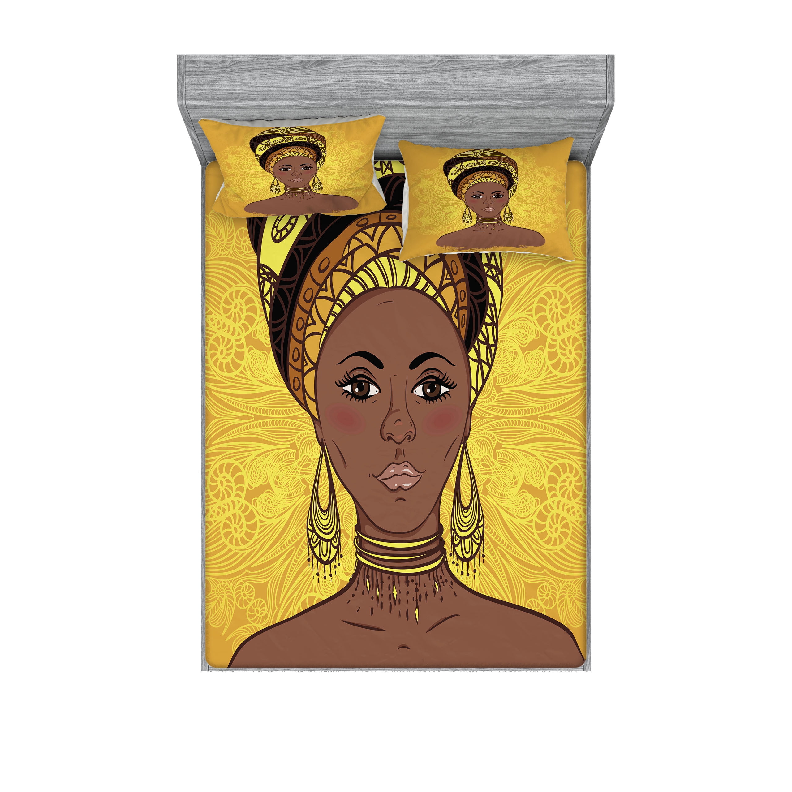 African Fitted Sheet & Pillow Sham Set, Woman Portrait in Turban Ornate ...