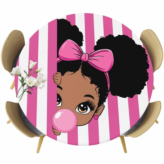 African Girl Round Tablecloth, Fitted Table Cover with Elastic for 55 ...