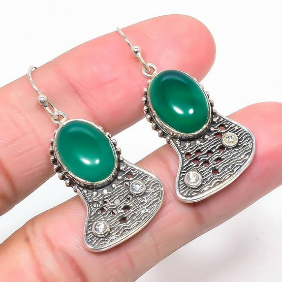 African Green Onyx, White Topaz Oxidize 925 Sterling Silver Earring 1. ...