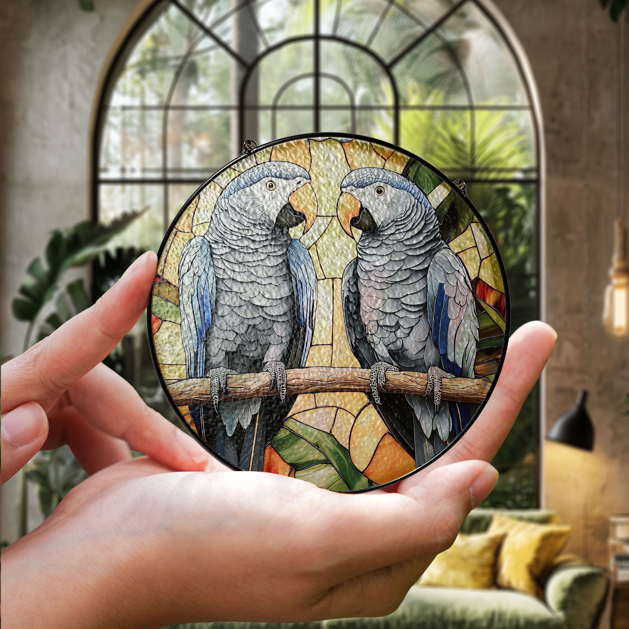African Grey Parrot 2D Flat Stained Glass Window Hanging - Exotic ...