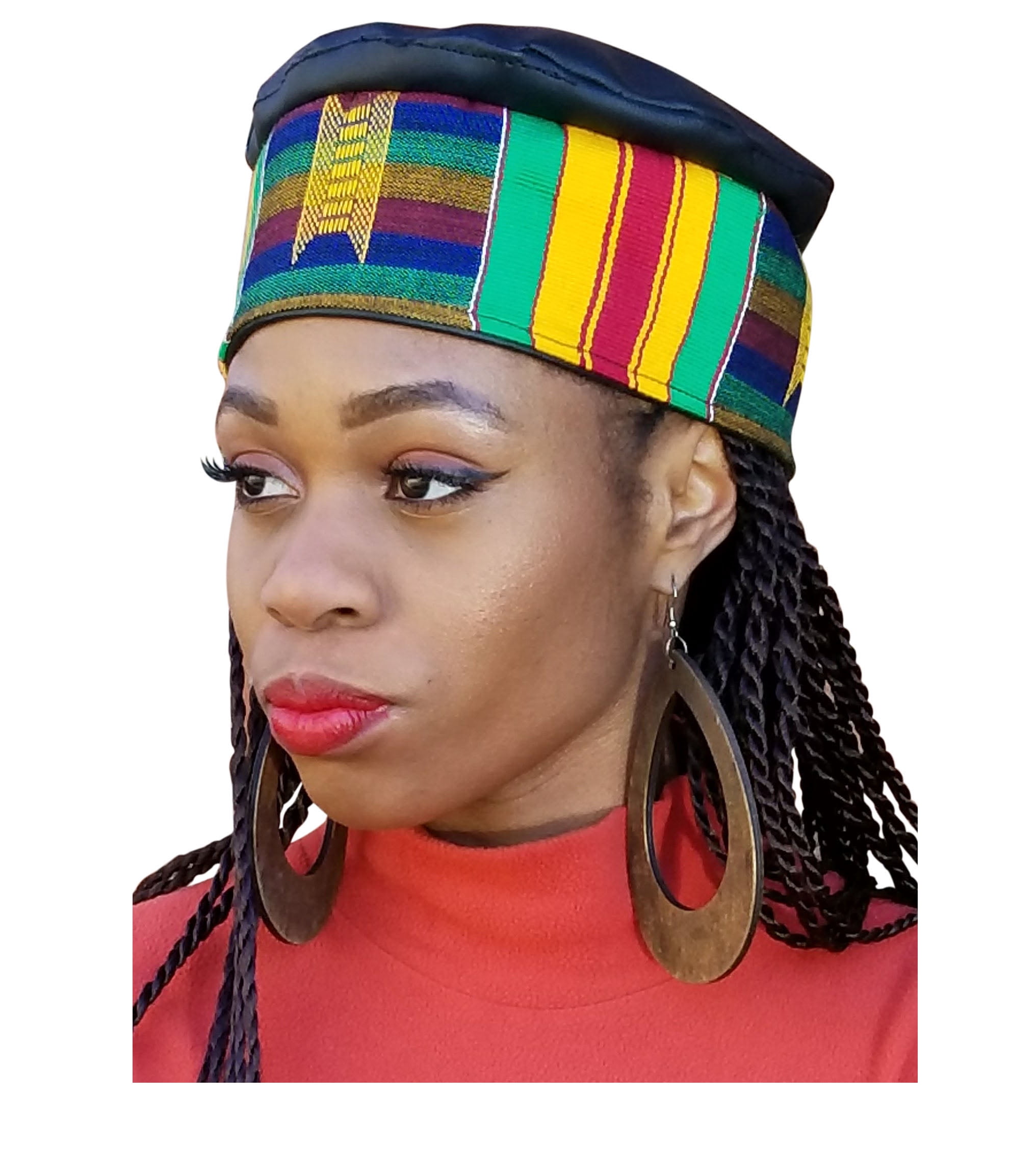 African Hand Woven Kente Kufi Hat With Faux Leather