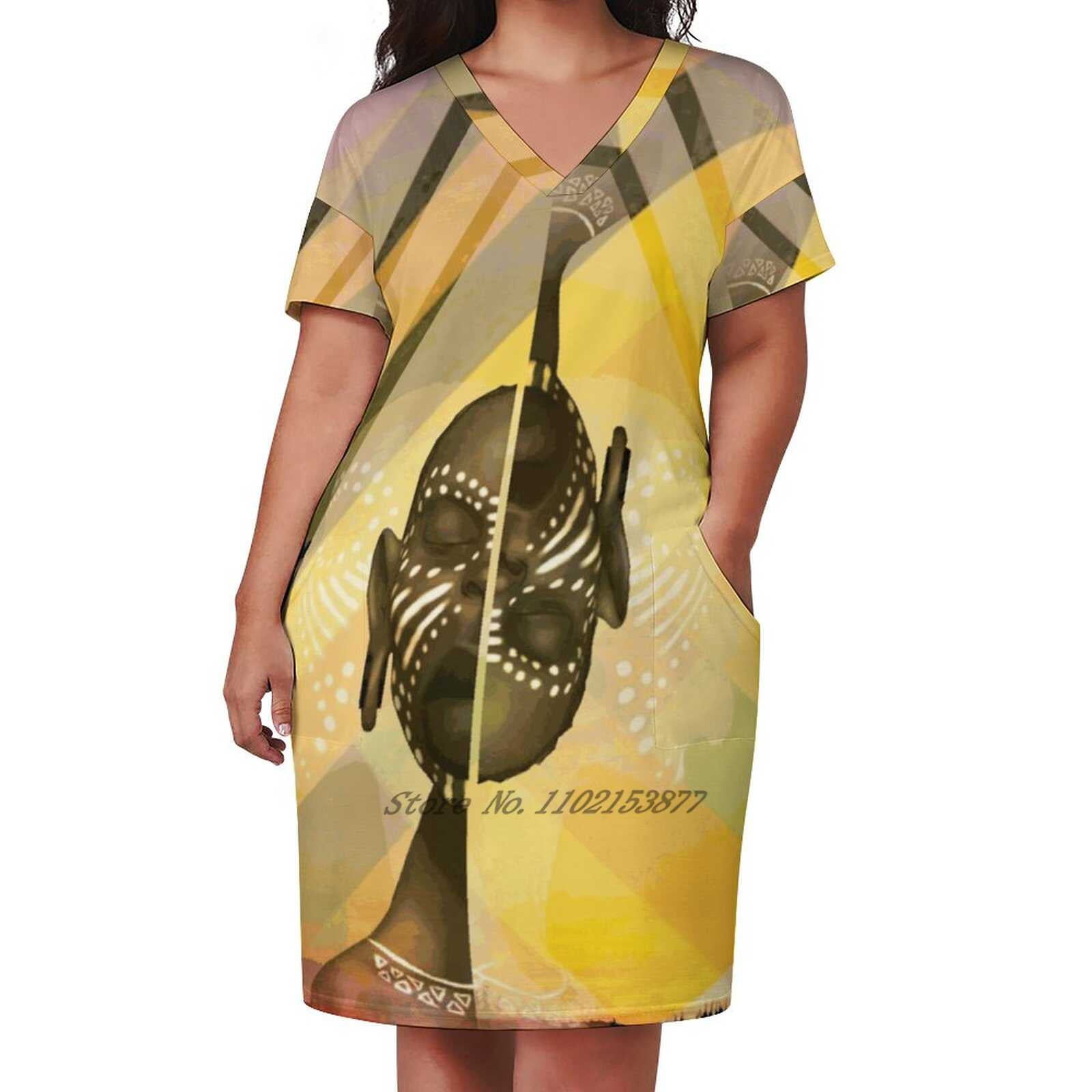 African Inspired Print Loose Pocket Dress Women Casual V Neck Dress Printed Dress Africa Nature ...
