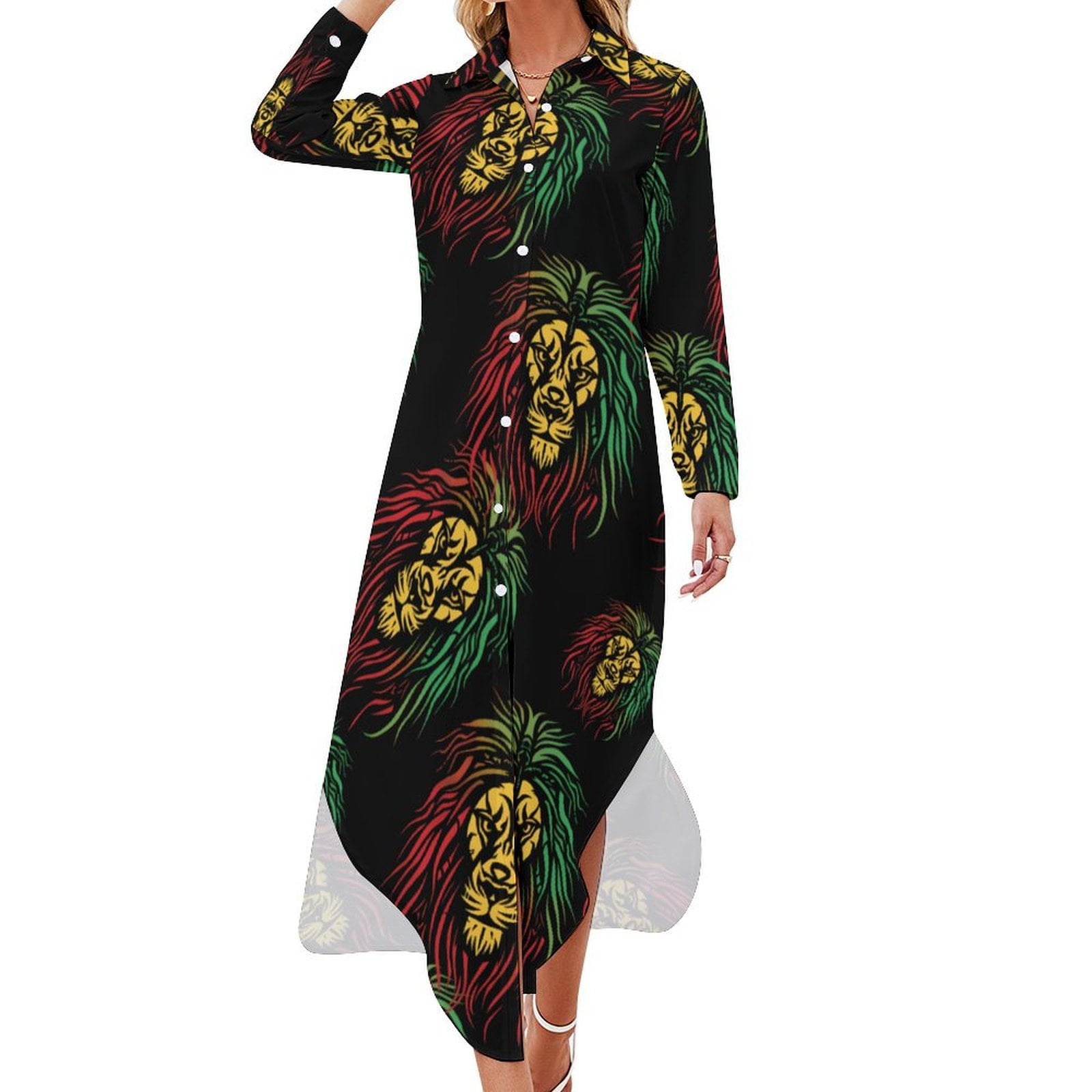 African Jamaica Lion Rasta Women's Maxi T Shirt Dress Long Sleeve Lapel ...