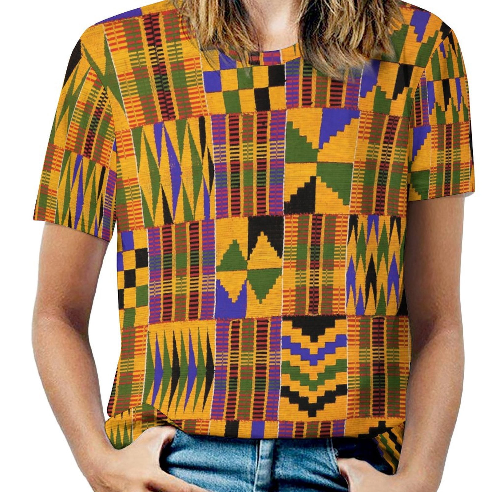 African Kente Cloth Design Women's Short Sleeve Tops Casual Blouses T ...