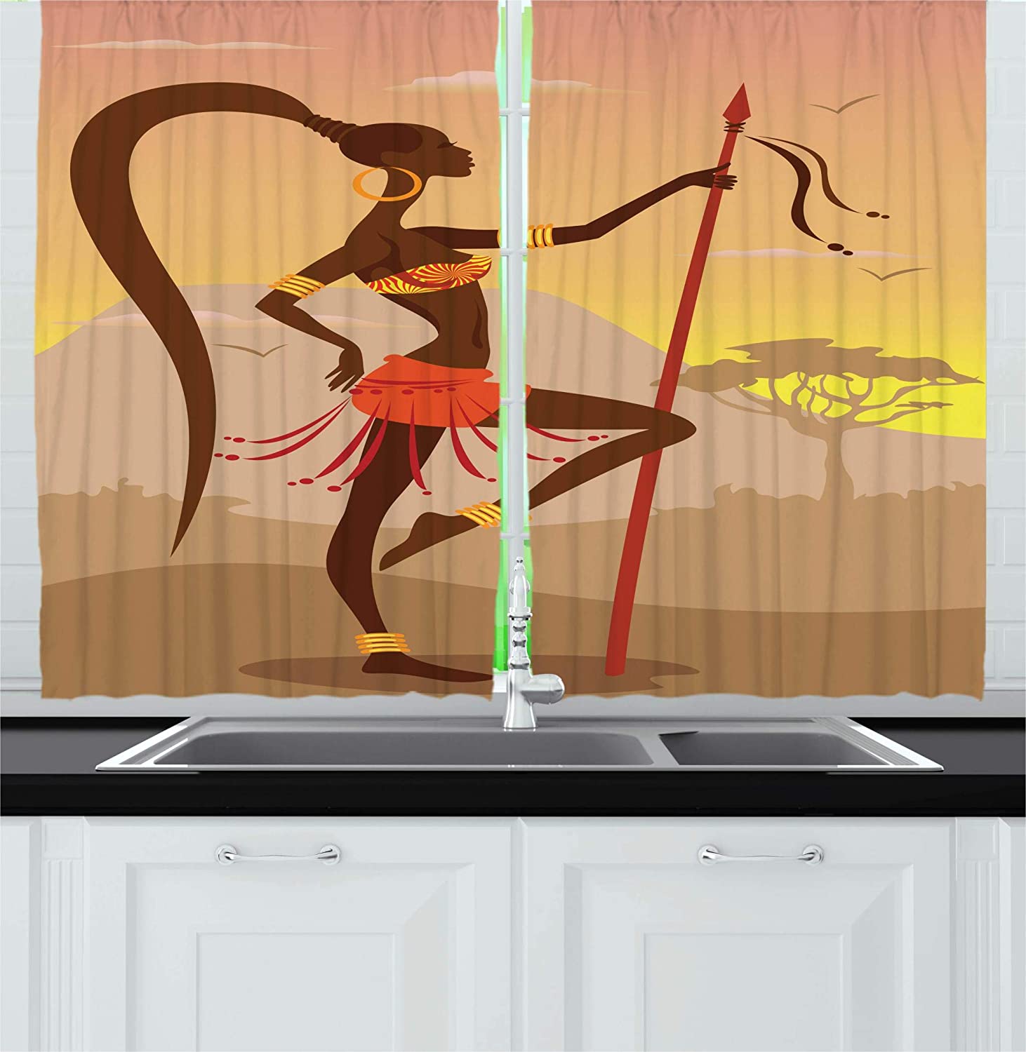 African Kitchen Curtains Savannah Lady Girl Standing for Hunt Safari ...