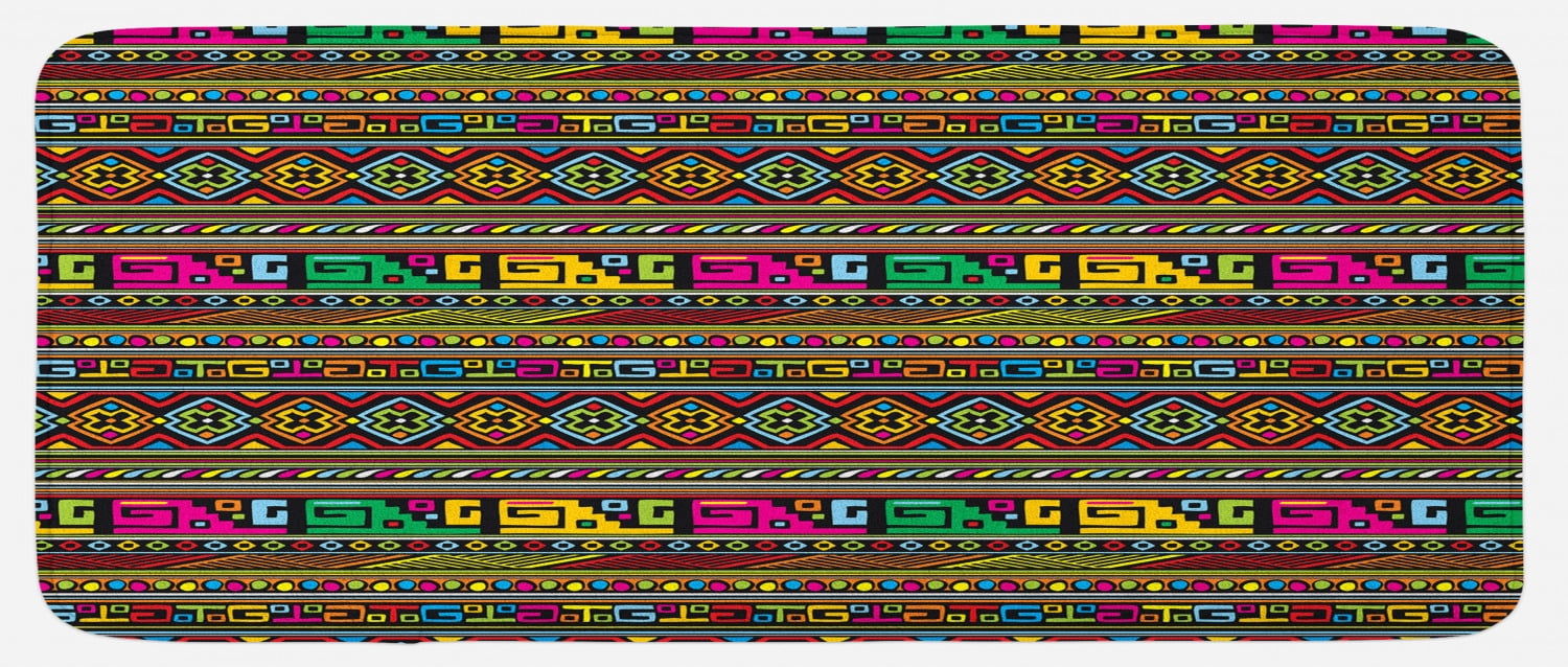 African Kitchen Mat, Ancestral Borders in Lively Colors Geometric ...