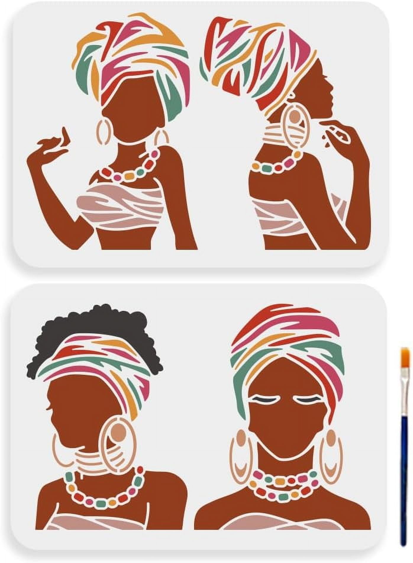 African Lady Stencils 11.7 x 8.3 inch 4 Styles with Paint Brush Tribal ...