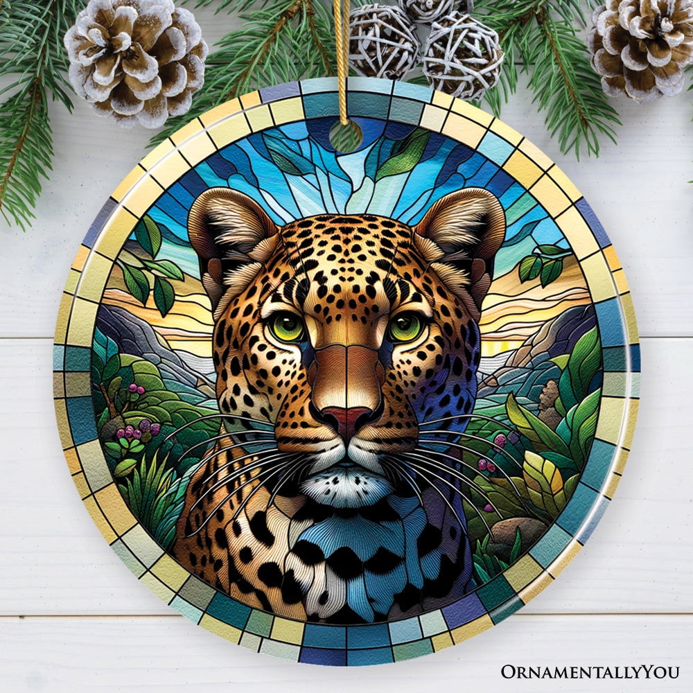 African Leopard Expedition Stained Glass Style Ceramic Ornament, Safari ...
