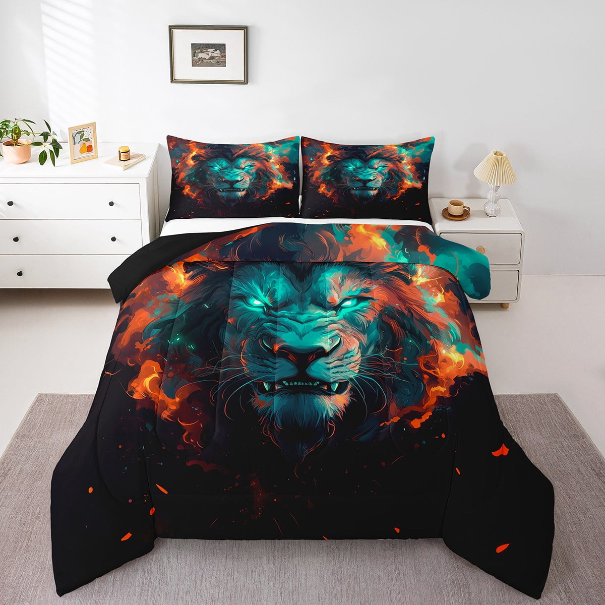 African Lion Comforter Set Twin Size,Burning Fire Lightning Bedding Set ...