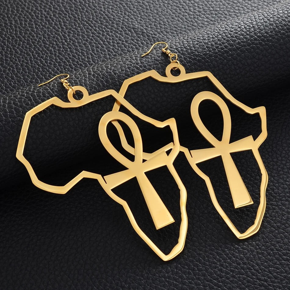 African Map 14K Gold Big Ankh Earrings Exaggerate Larger Earring Africa ...