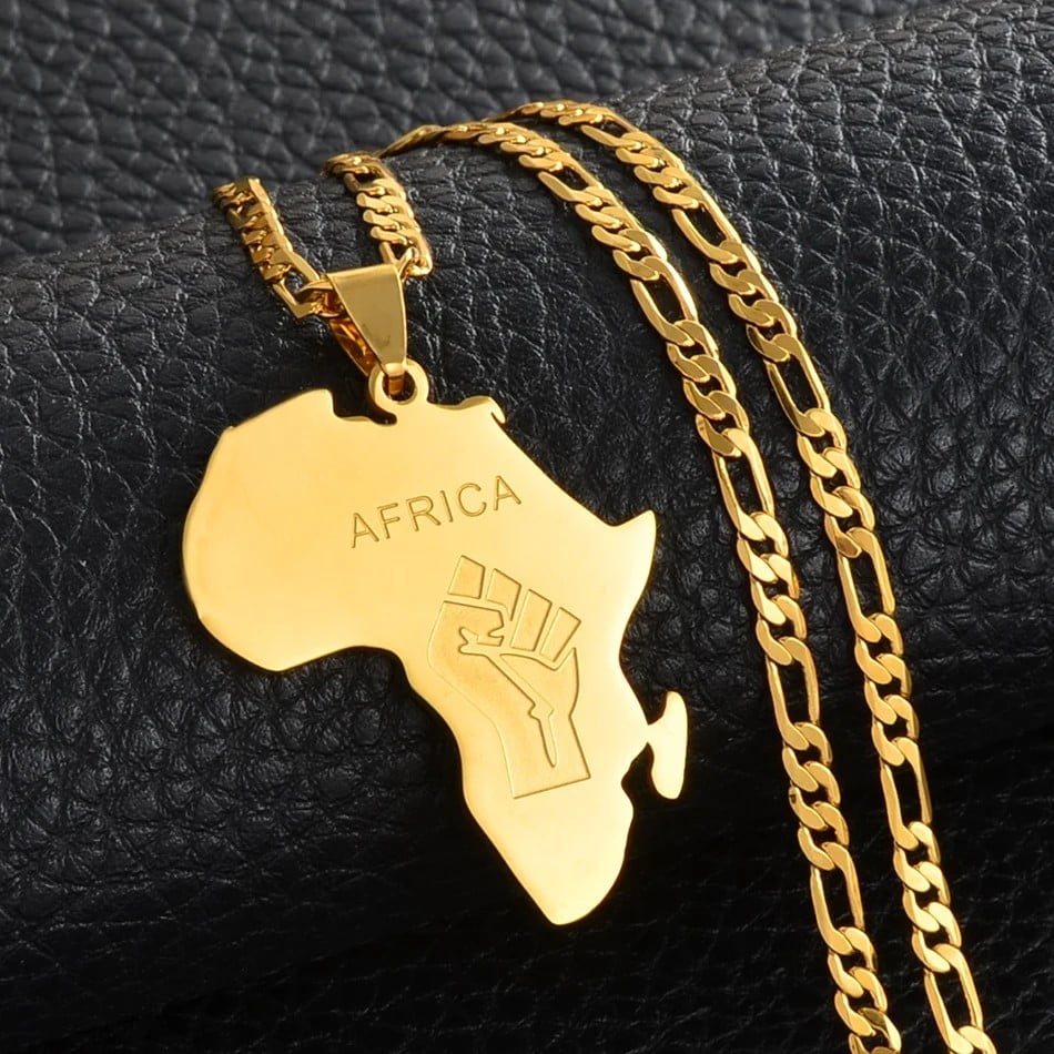 African Map Fist Symbol Pendant Necklaces 14K Gold Africa Maps Black ...