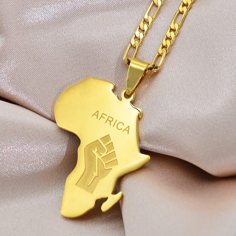 African Map Fist Symbol Pendant Necklaces 14K Gold Africa Maps Black ...