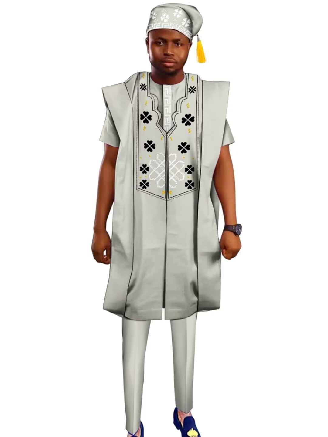 African Men Clothing Dashiki 4pcs Embroidered Robes Shirts and Pant Set ...