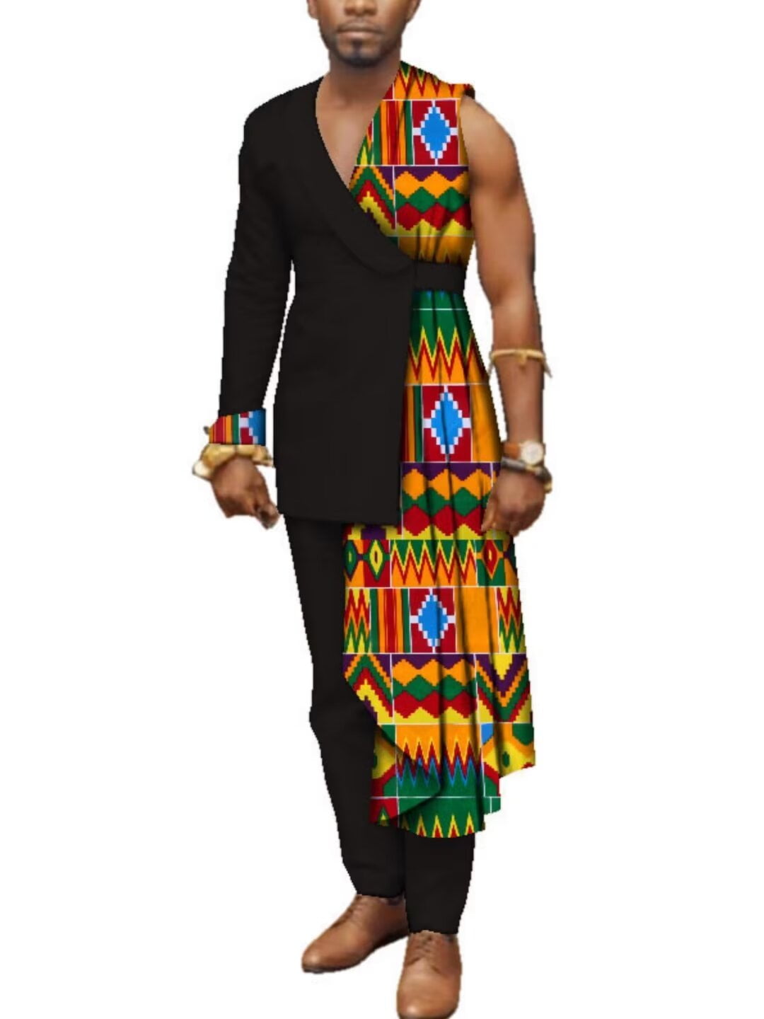 African Mens Clothing Patchwork One-Shoulder Top and Pants Sets ...