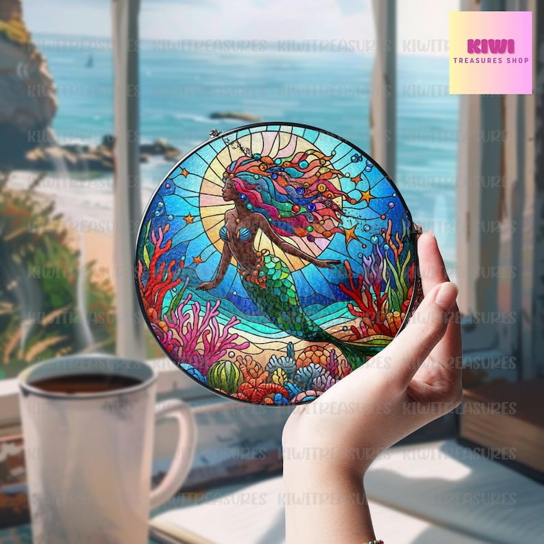 African Mermaid GLASS Window Hanging, Mermaid lover gift, Coral reef ...