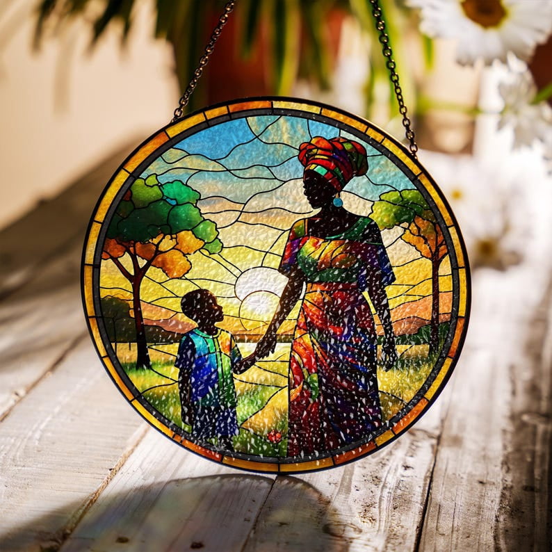 African Mom and son GLASS Window Hanging, Mother's day idea gift, Black ...