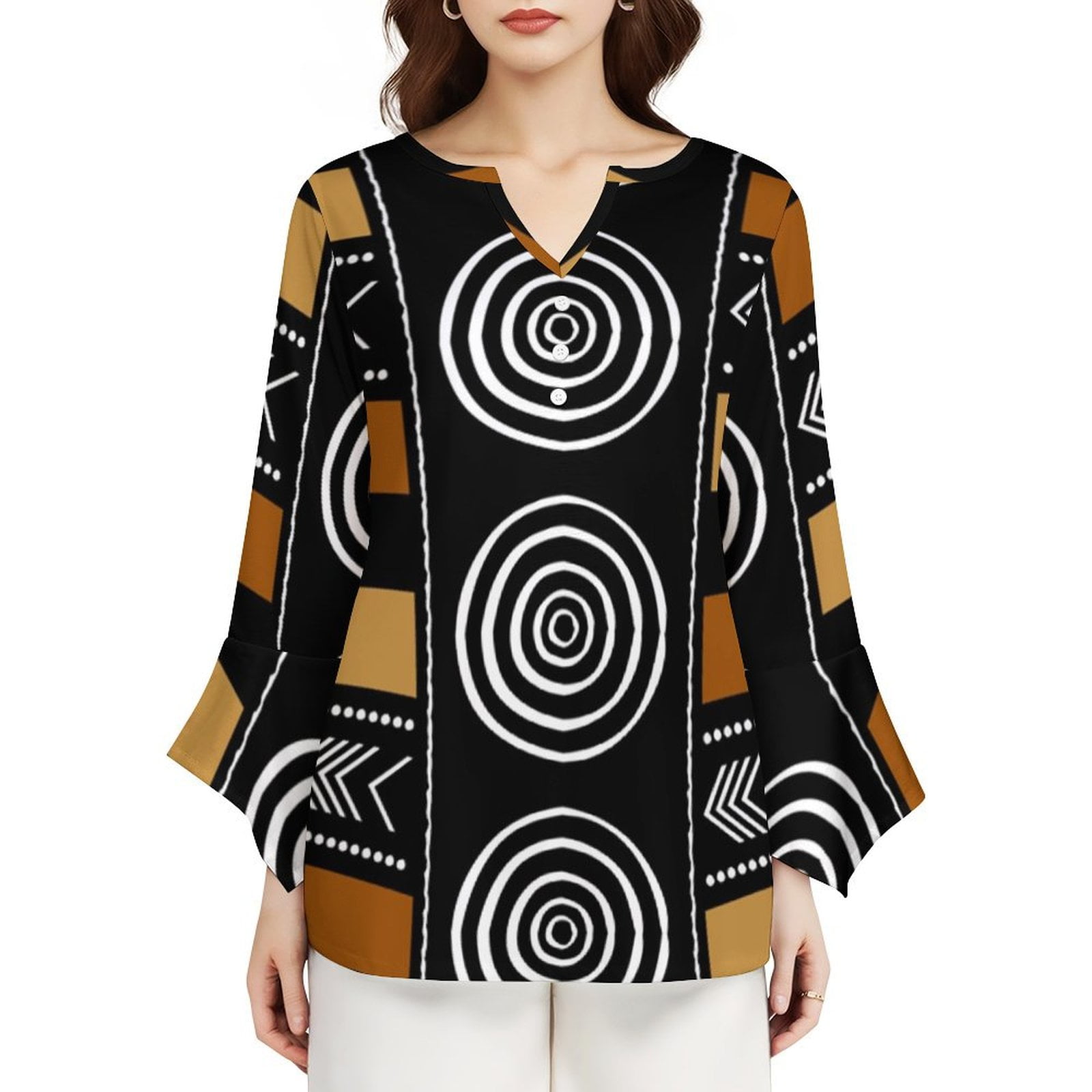 African Mud Cloth Artistry Art Women's Long Sleeve Loose T-Shirts ...