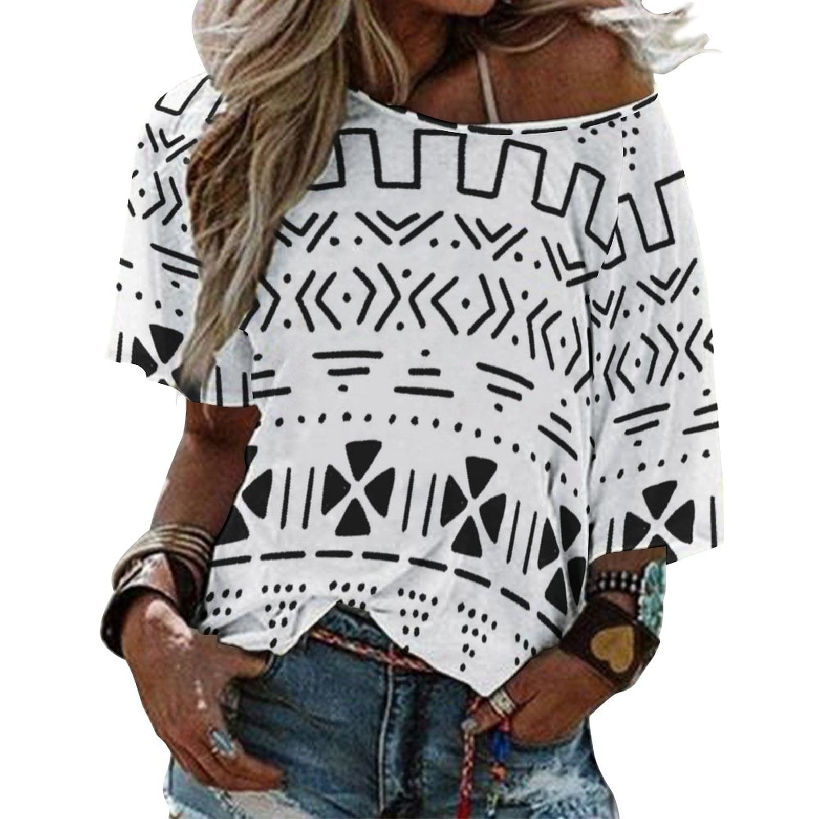 African Mudcloth C Lotus Leaf Neck T-Shirt Long Sleeve Printed Fall T Shirts Women Spring Tee ...