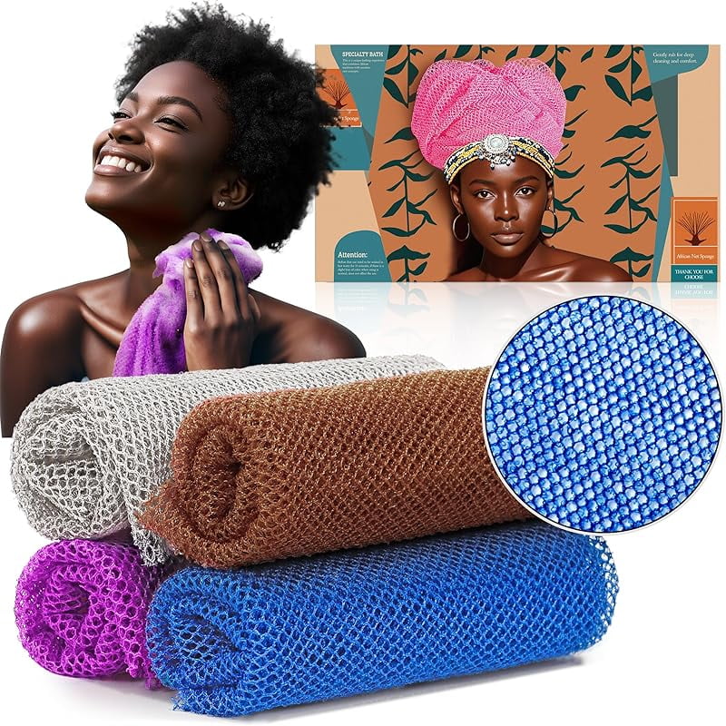 African Net Sponge Exfoliating Body Scrubber - 4 Pieces Long Bath ...