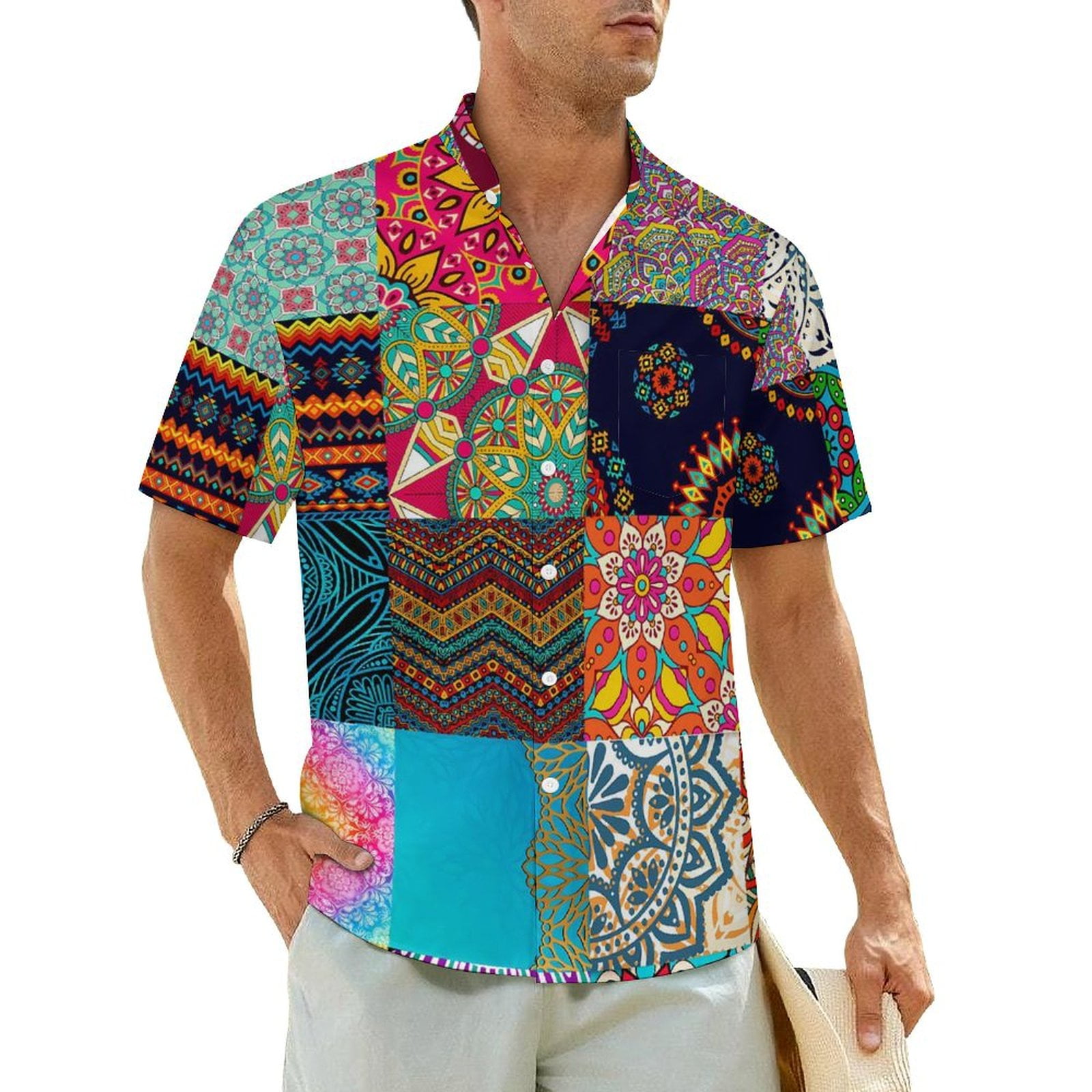 African Patchwork Print Hawaiian Shirt Man Vacation Vintage Casual ...