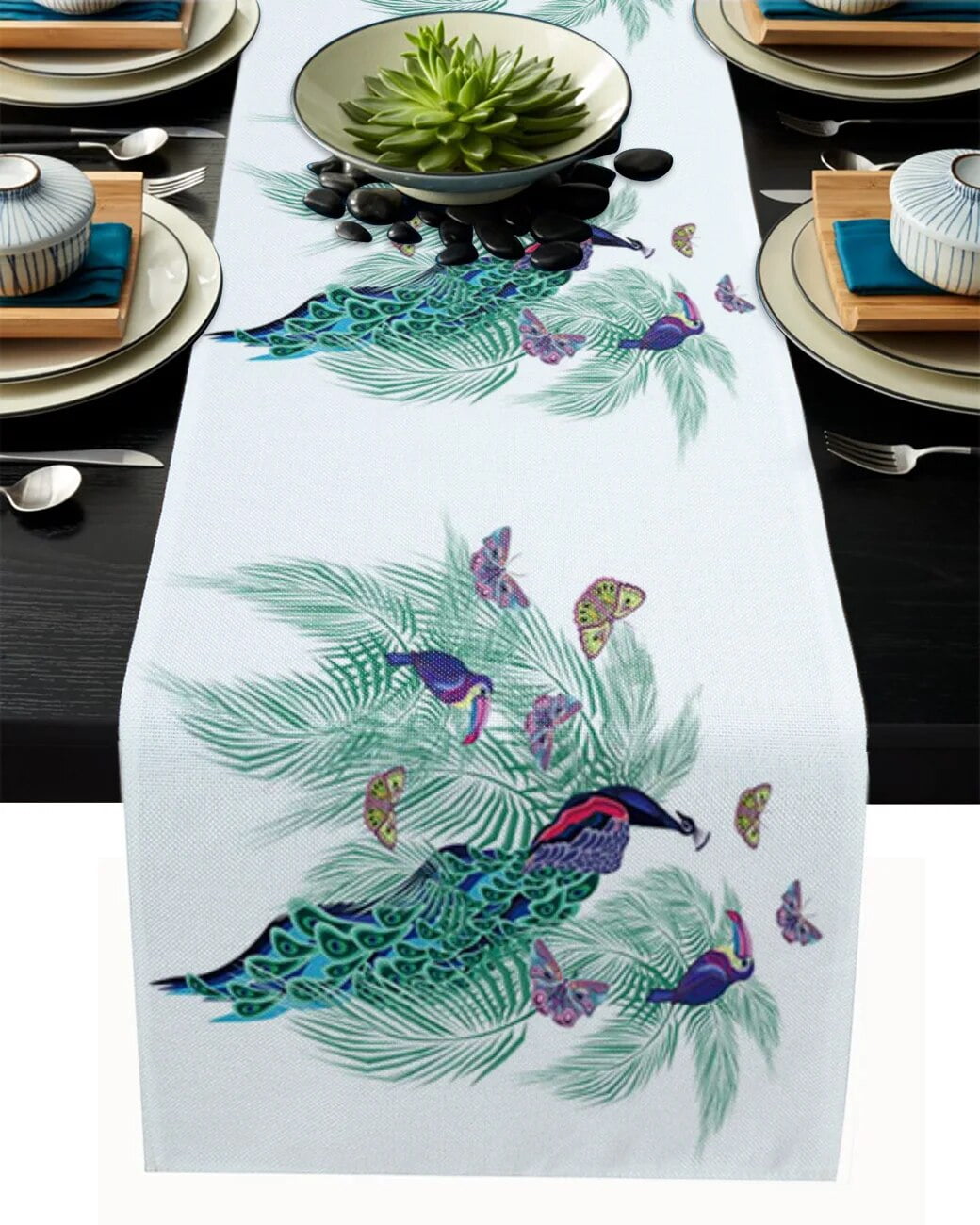 African Peacock Feather Butterfly Green Leaf Table Runner Cotton Linen ...