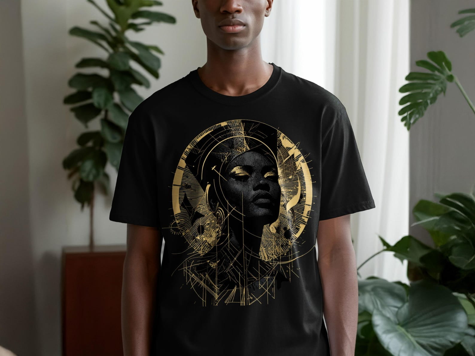 African Queen Graphic Tee with Artistic Gold-Accent Black Woman ...