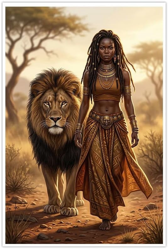 African Queen and Lion Canvas Wall Art Posters Modern Black Woman ...