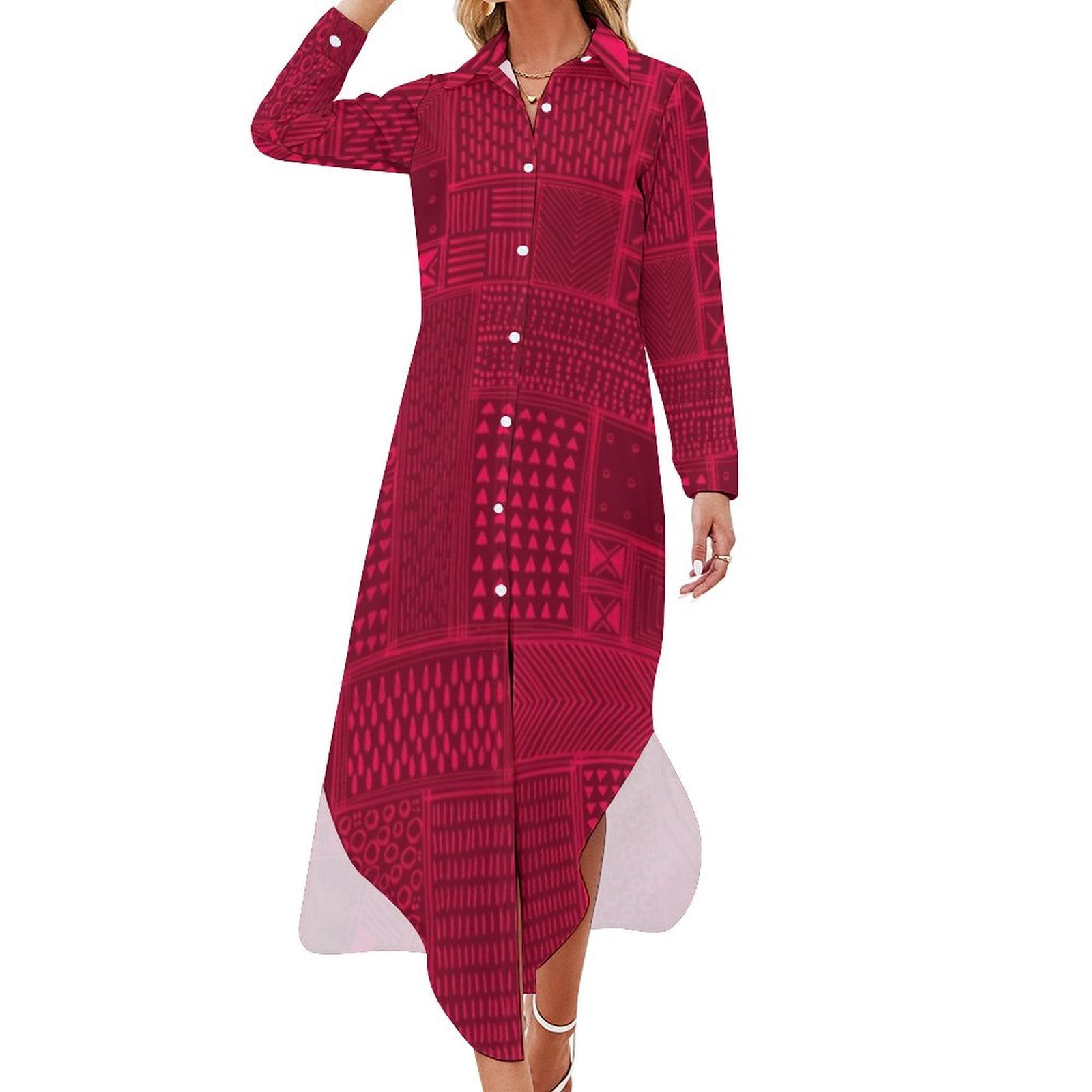 African Red Tribal Mud Cloth Long Sleeved Shirt Dress women dresses ...