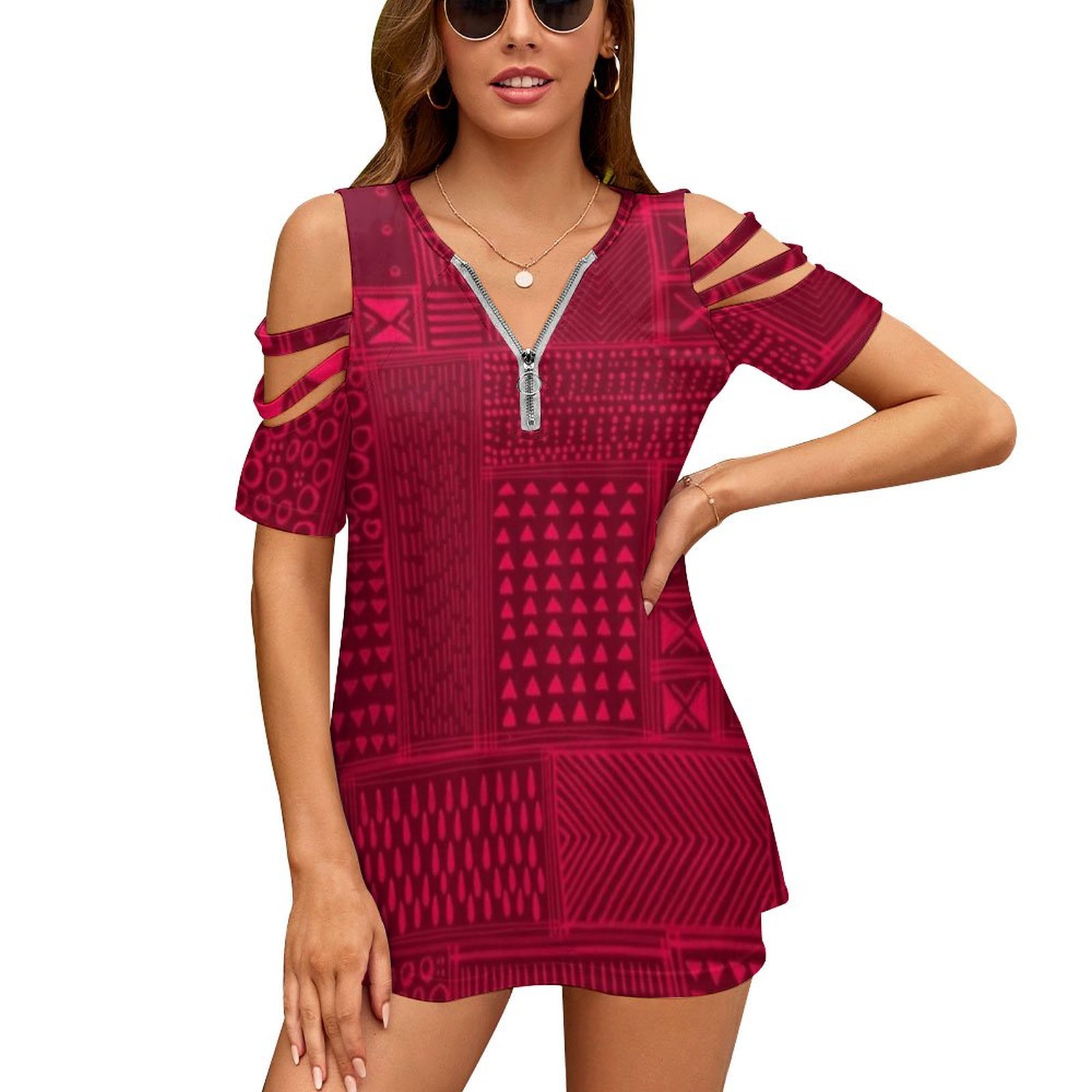 African Red Tribal Mud Cloth Women'S T-Shirt New Fashion Printed Zipper ...