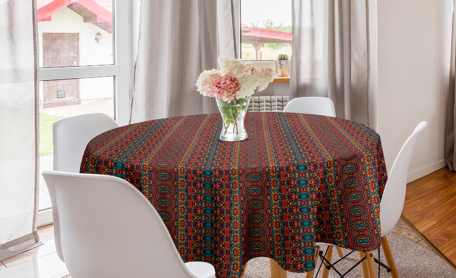 African Round Tablecloth, Folkloric and Psychedelic Ornament Pattern ...
