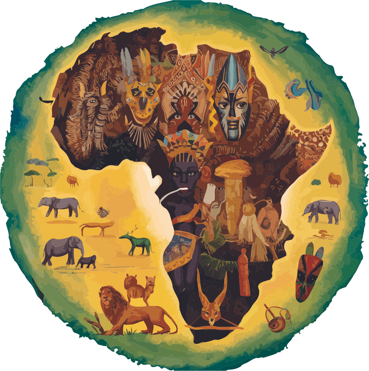 African Safari Art Print Vibrant Africa Map with Wildlife Tribal Masks ...