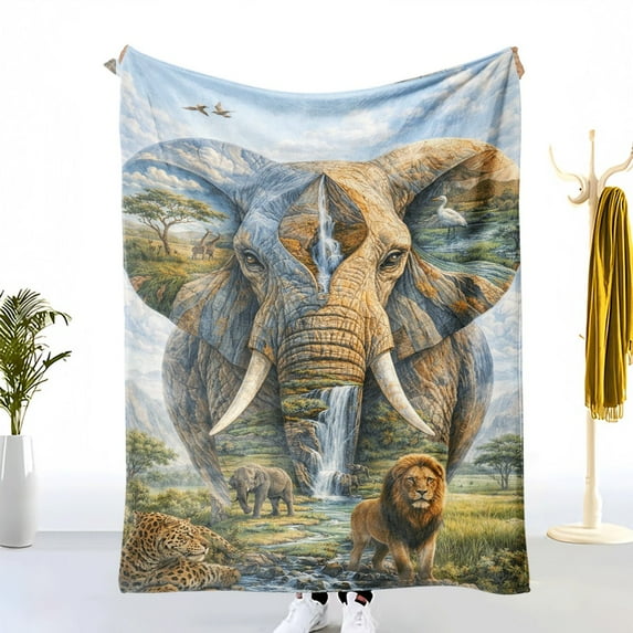 African Savannah Animal Flannel Blanket Elephant Lion Leopard Giraffe ...