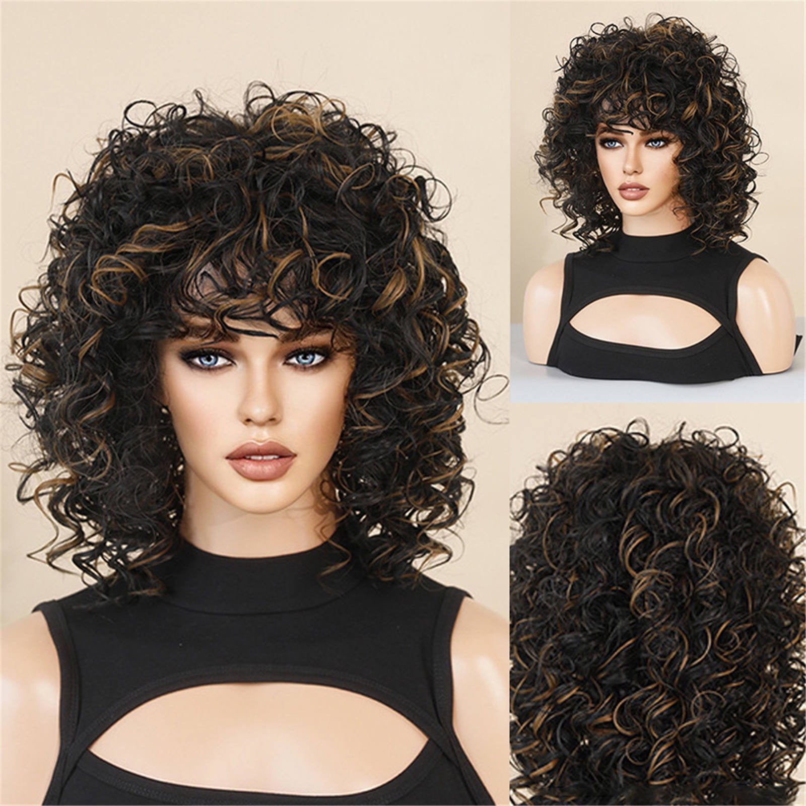 African Short Curly Hair Small Curly Hair Black Wig Hair Set Rose Net ...