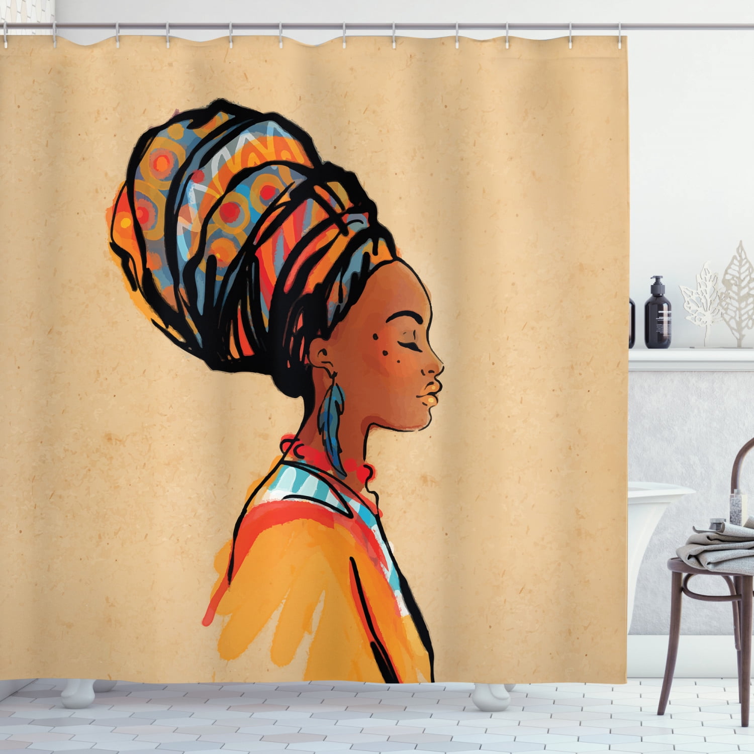 African Shower Curtain, Ethnic Woman with Exotic Feather Earring and ...