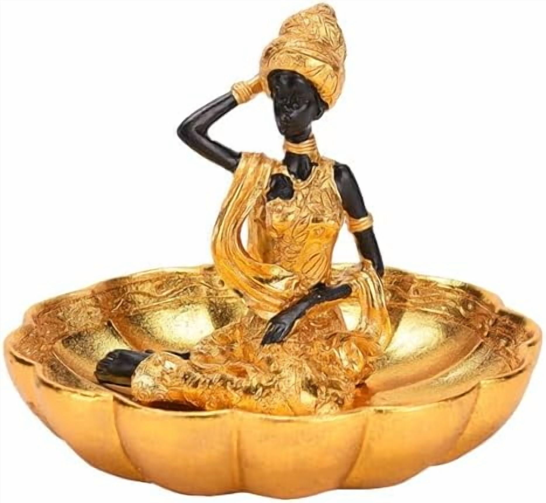 African Statue Small Tray Resin Art Figurine Black & Gold Tribal Lady ...