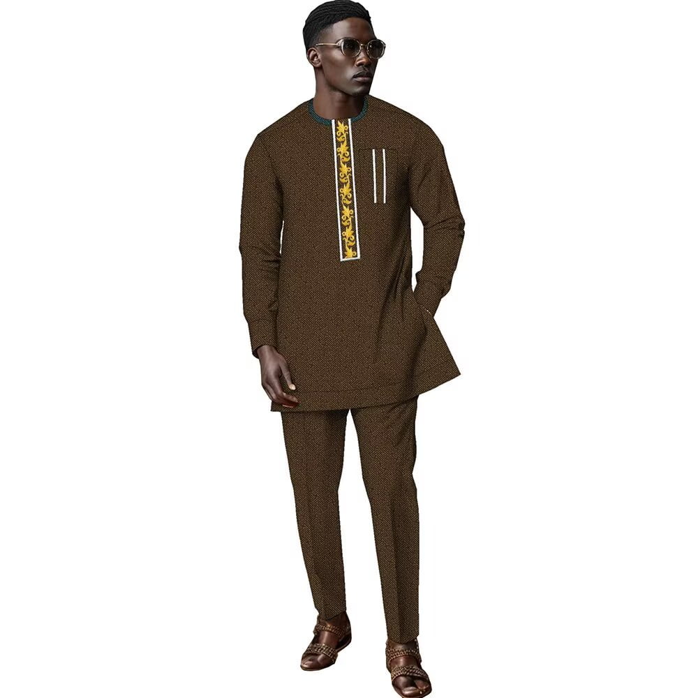 African Suit for Men Traditional Jacquard Bazin Tops and Pants 2 Piece ...