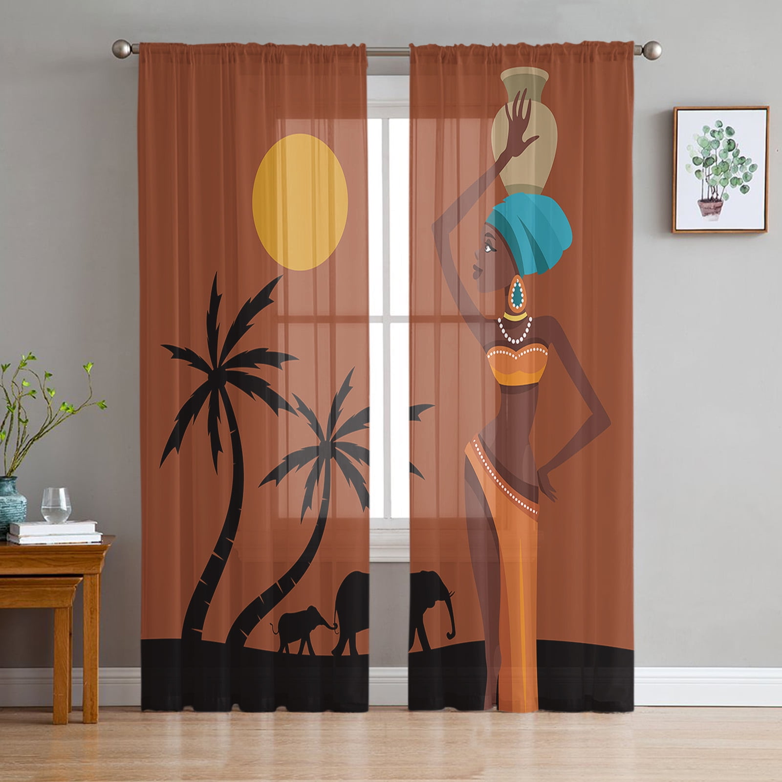 African Sunset Landscape Ostrich Rhinoceros Voile Tulle Sheer Curtains ...