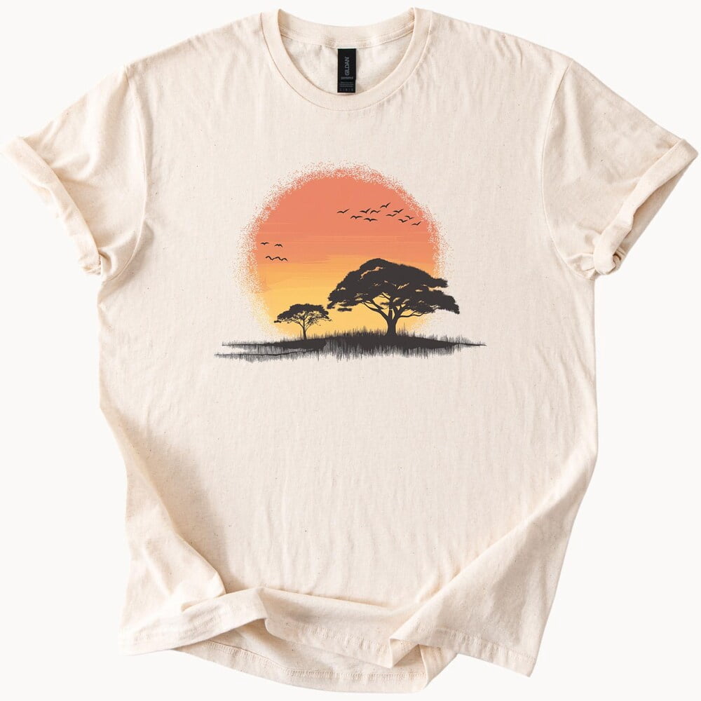 African Sunset Trees Natural Cotton Tshirt Savannah Graphic Tee ...